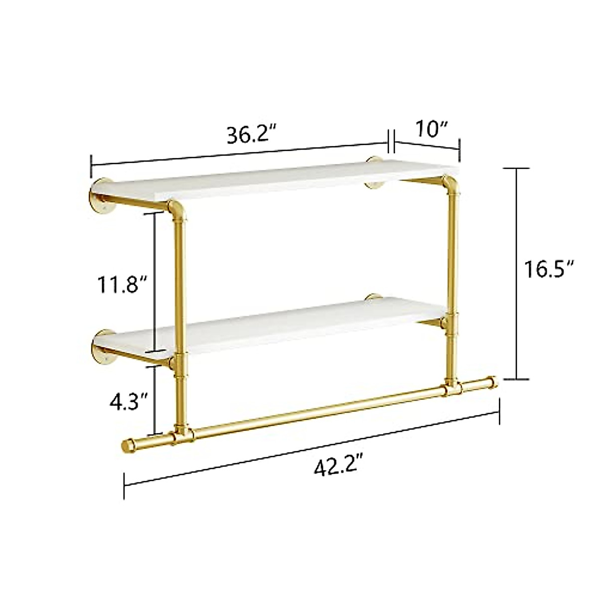 MAIKAILUN Wall Mounted Clothes Rack Gold with Shelves, 42" Long Industrial Pipe Clothing Rack with 2 Tier Shelves Heavy Duty Iron Garment Rack Bar,Retail Display Clothes Rod for Clothes,Laundry Room