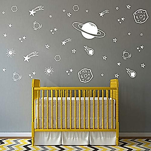 Planet Wall Decal, Boys Room Decor, Outer Space Wall Decals, Star Wall Stickers, Vinyl Wall Decals for Children Baby Kids Boys Bedroom, Nursery Decor Y04 (White)