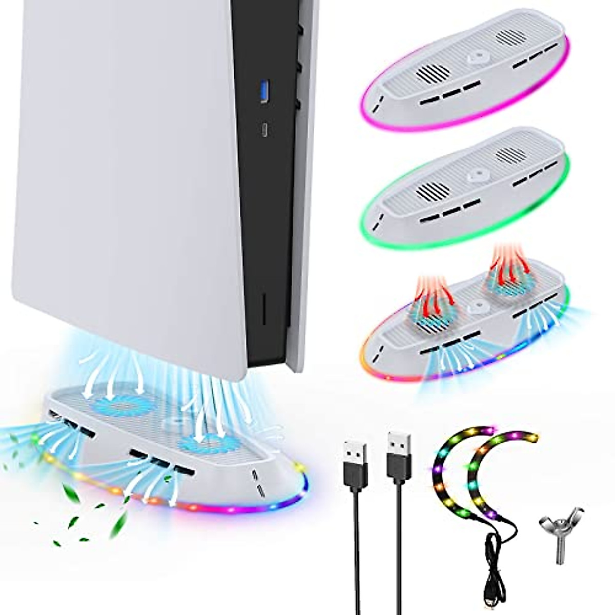 PS5 Cooling Fan Stand with RGB Light for PS5 Digital Disc Edition, 2 Adjustable Speed Cooling Stand Station for Playstation 5 Console PS5 Host Cooler with LED Light Strip Cooling Base PS5 Accessories