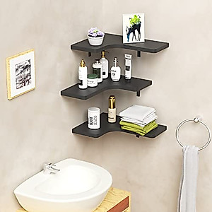 Buwico Corner Floating Shelves, Black Wall Mount Corner Shelf, Rustic Wood Wall Storage Shelves Set of 3, Solid Wood Corner Wall Shelf for Bedroom, Living Room, Bathroom, Kitchen, Office (Black)