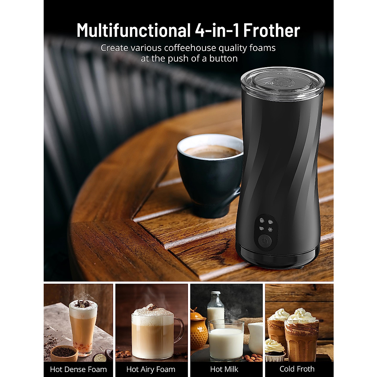 Milk Frother, Symdral 4-in-1 Milk Frother and Steamer, Automatic Hot and Cold Foam Maker & Milk Heater, with Auto Shut-Off, Silent Operation, Frother for Coffee, Latte, Cappuccino, Macchiato (Black)