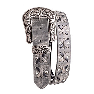 Nomad Creek Women's Criss Cross Laced Rhinestone Studded Leather Belt (PEWTER, SM)