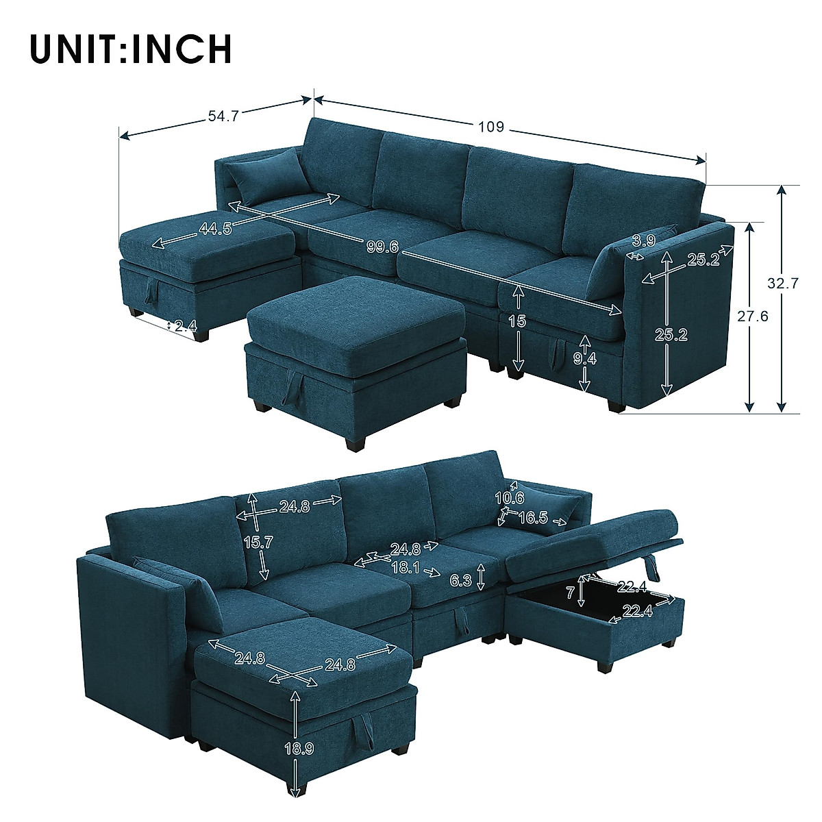 kevinplus 109" Modular Sectional Sofa Couch with Storage for Living Room, Modern U-Shape L-Shape Sofa Couch with Adjustable Armrest & Backrest & Reversible Ottoman, Chenille Fabric, Blue