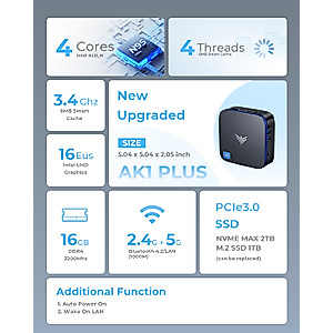 KAMRUI AK1PLUS Mini PC with Intel Alder Lake N95(up to 3.4 GHz), 16GB DDR4 RAM 1TB M.2 NVME SSD Small Desktop Computers, Micro Computer Towers Support 4K UHD for Business Office Industrial IOT Home