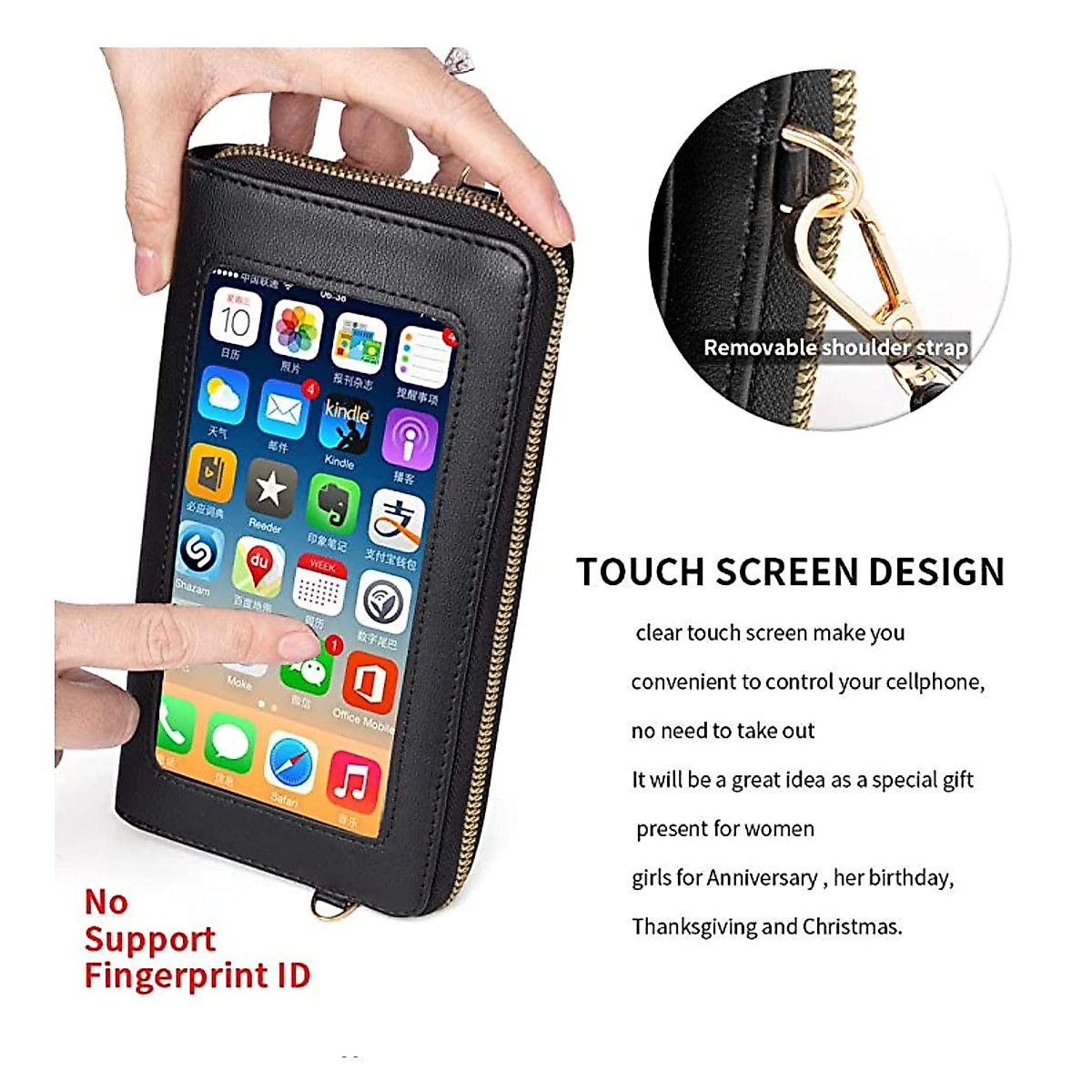 Touch Screen Phone Bag Small Crossbody Bag Shoulder Handbag, RFID Blocking Wallet for Women (#01 Black)