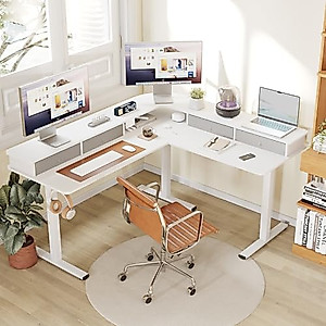 FLEXISPOT L Shaped Standing Desk with Shelf Electric Corner Table, Drawers, Adjustable Computer Workstation for Home, Office,USB Charging Port, 63x55in, White Top + White Frame