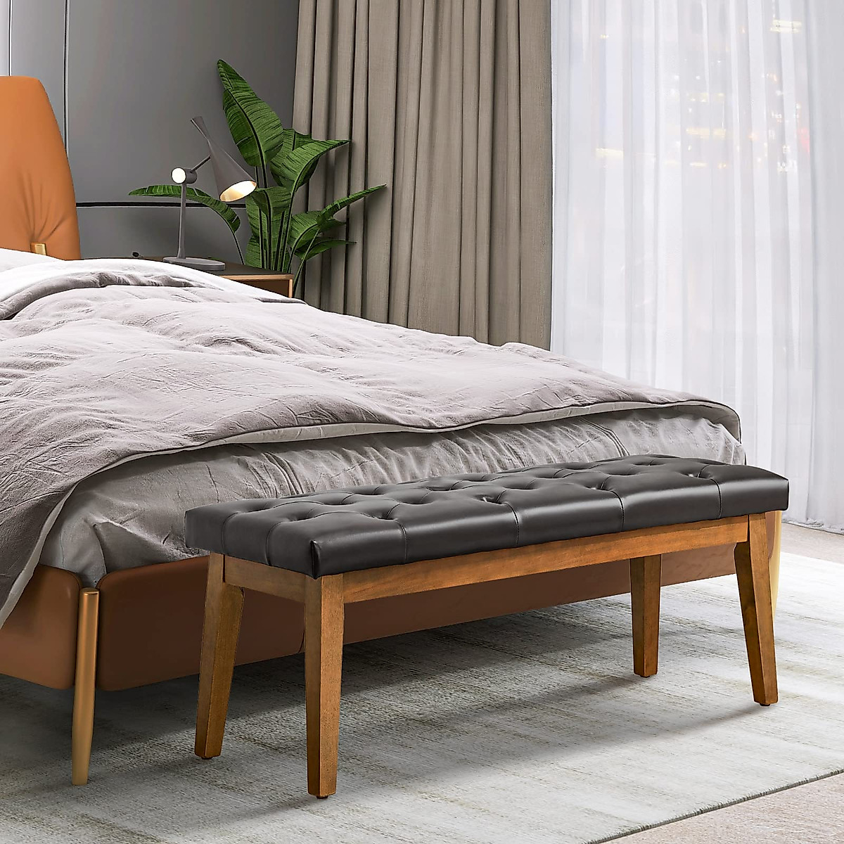 HUIMO Entryway Bench, Black Leather, Solid Wood, Durable and Wear-Resistant