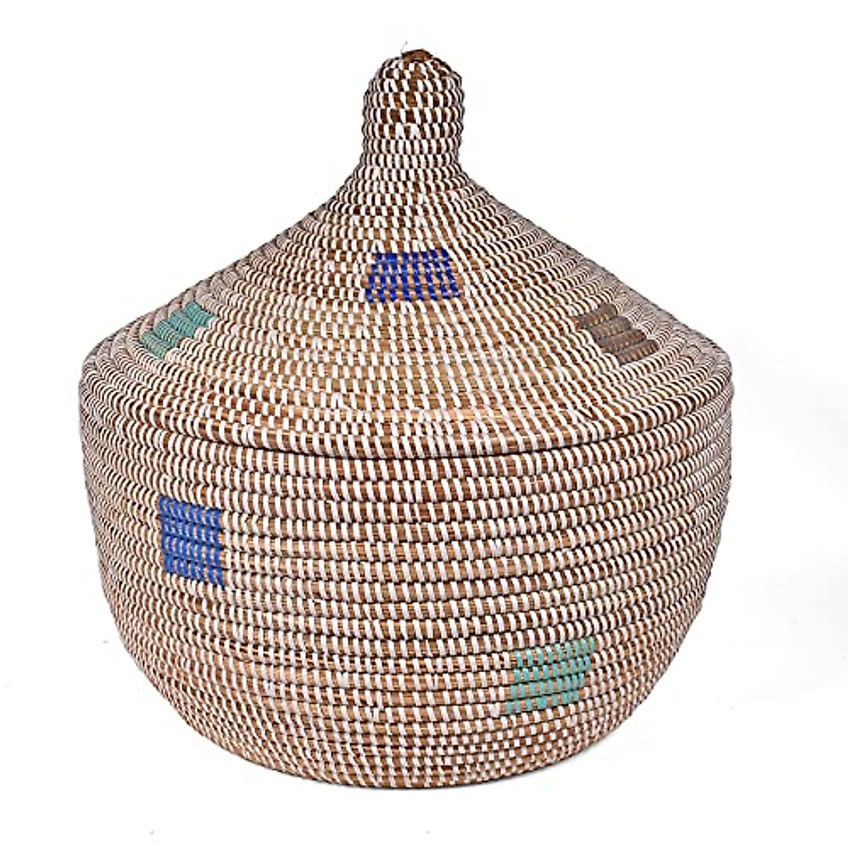 African Fair Trade Handwoven Warming Basket, White with Multicolor Squares