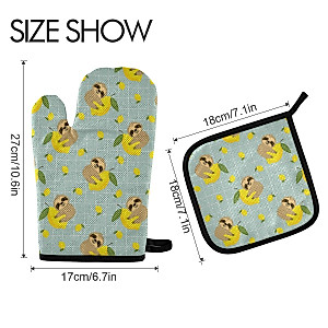 Oven Mitts Pot Holders Sets - Cute Sloth Lemon Cooking Gloves Hot Pads Non-Slip Potholders for Kitchen Baking Cooking BBQ Grilling