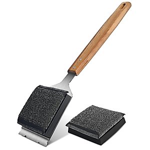 Grill Brush BBQ Cleaner Brush - Barbecue Brush for Outdoor Grill with 1 PCS Replacement Cleaning Head, Grill Cleaning Brush Bristle Free with Stainless Steel Scraper & Wooden Handle for Most Grate