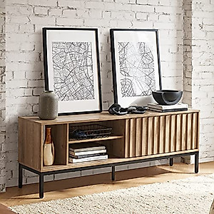 Mopio Norwin 64" TV Stand for Televisions up to 70", Modern Industrial Farmhouse Entertainment Center, TV Console, with Storage Shelves, Sturdy Metal Legs, Sliding Door, & Leveler for Living Room, Oak