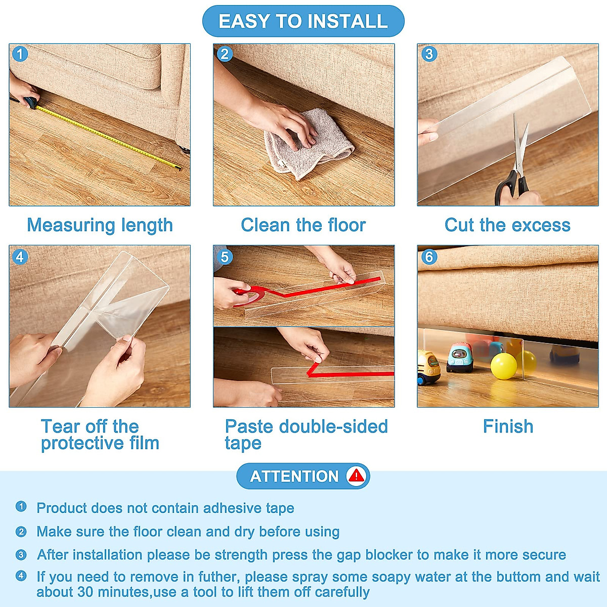 Qunclay 12 Pcs Under Couch Blocker for Kid and Pet Toys Toy Blocker for Under Couch Clear Toy Blockers for Furniture Adjustable Clear Toy Blocker with Strong Tape(16 x 1.6 x 3.2 Inch, 12 Pcs)