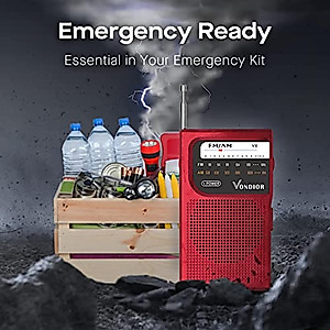 AM FM Battery Operated Portable Pocket Radio - Best Reception and Longest Lasting. AM FM Compact Transistor Radios Player Operated by 2 AA Battery, Mono Headphone Socket, by Vondior (Red)