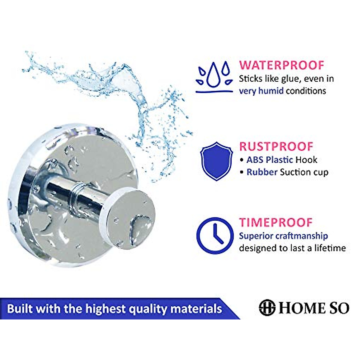 HOME SO Suction Cup Hooks for Shower, Bathroom, Kitchen, Glass Door, Mirror, Tile – Loofah, Towel, Coat, Bath Robe Hook Holder for Hanging up to 15 lbs – Waterproof & Rustproof, Chrome (2-Pack) …