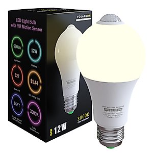 VOLANSON TECHNOLOGIES Motion Sensor Light Bulbs with Dusk to Dawn Sensor Indoor Motion Detector Bulb for Front Door, Porch, Garage, Security Automatic LED Lightbulb 12W Warm White 3000K E27