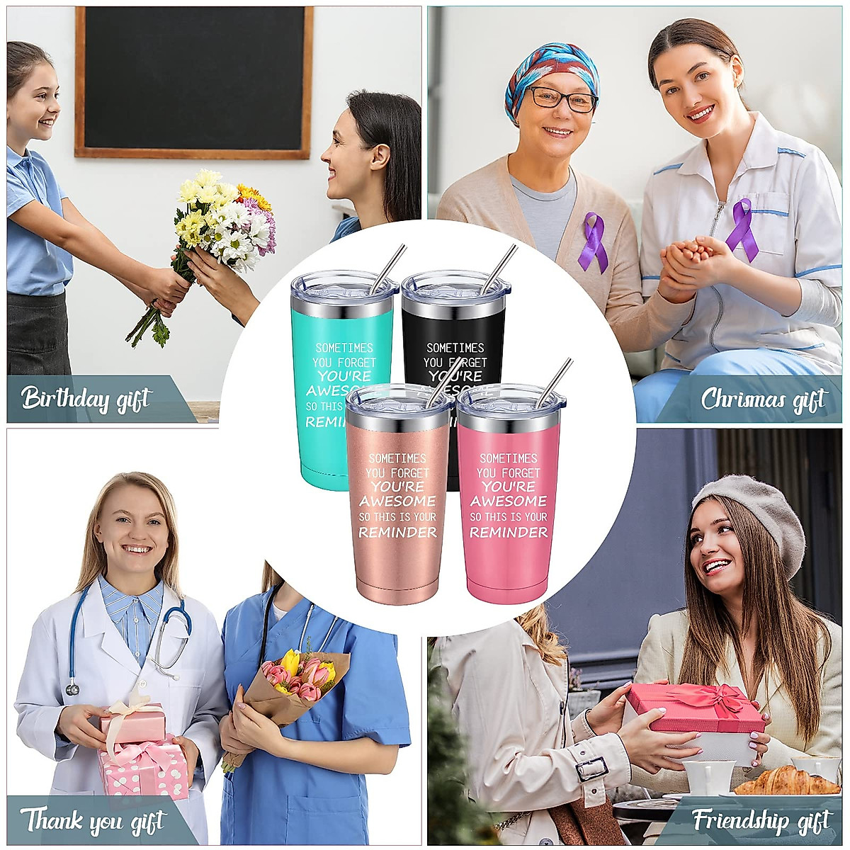 Inspirational Gifts for Women Men You're Awesome Tumbler Cup with Lid 20 oz Stainless Steel Vacuum Insulated Tumbler Mug Christmas Birthday Thank You Gifts (Mint Green, Rose Gold, Black, Pink, 8 Pcs)