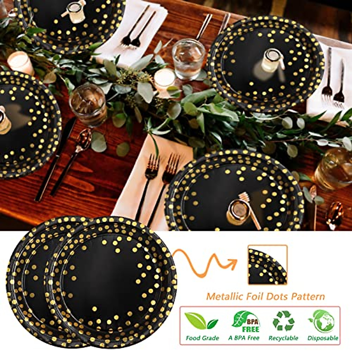 Birthdayparties Black and Gold Paper Plates 7 inch, Foil Polka Dots Disposable Paper Plates Golden Dots Party Supplies Plates 50 Pack