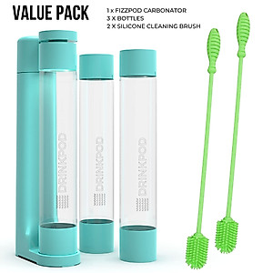 Fizzpod Home Soda Maker Sparkling Water Carbonator With 3 Bottles and 2 Bottle Brushes (Aruba Blue)