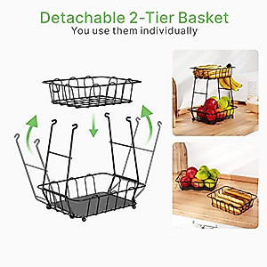 iSPECLE Fruit Basket, 2 Tier Fruit Basket with Banana Hanger for Kitchen, Detachable Fruit Bowl with Mat Saving Space Fruit and Vegetable Storage for Kitchen Counter Pantry, Black