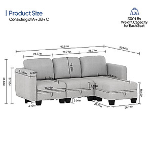 Arathorn Modular Sectional Sofa Couch with Reversible Chaise, 4 Seats L-Shaped Couch Sofa with Storage Ottoman for Living Room Apartment, Grey