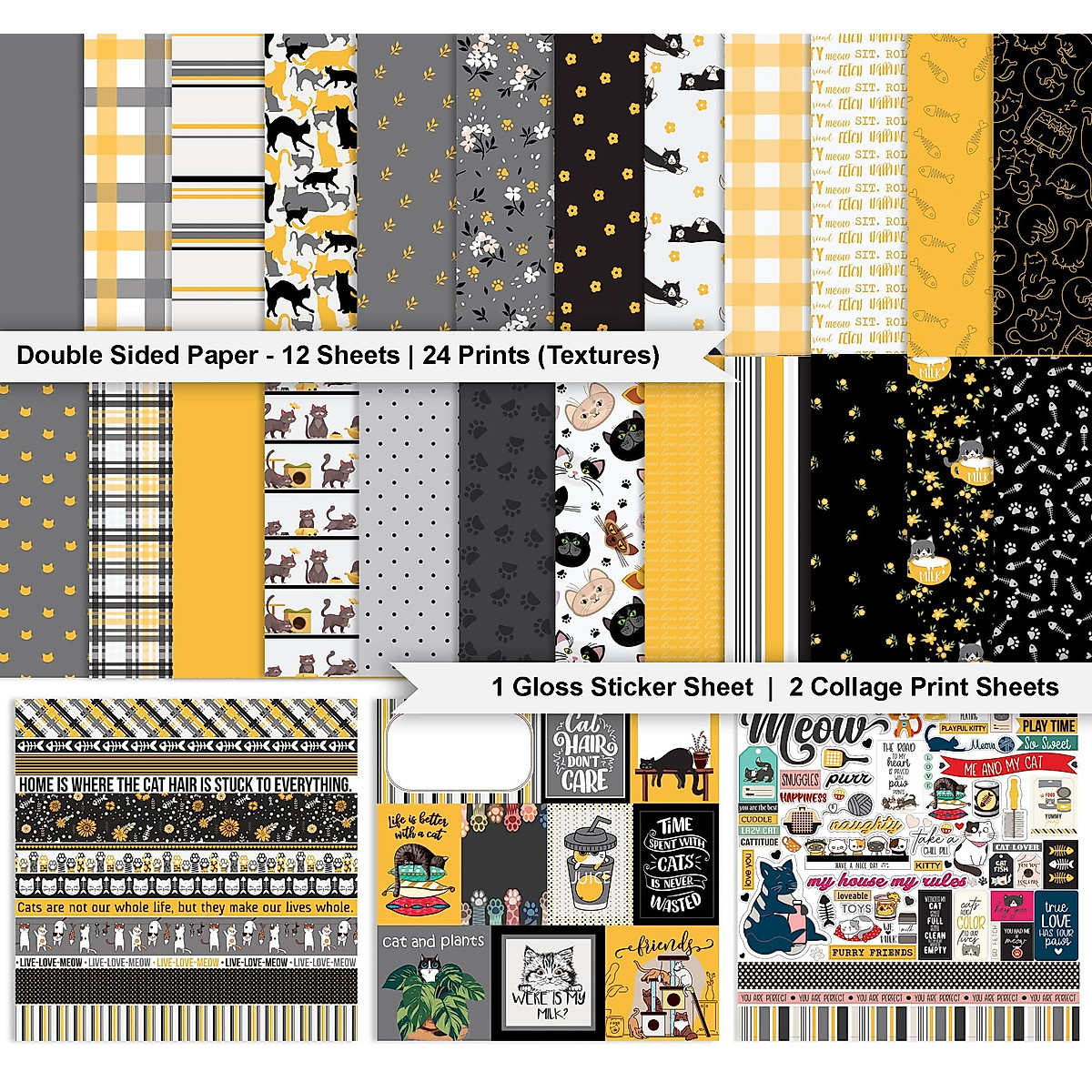 Inkdotpot Black & Yellow Cat Theme Collection Double,Sided Scrapbook Paper Kit Cardstock 12"x12" Card Making Paper Pack of with Sticker Sheet - 16 Pages - Black & Yellow