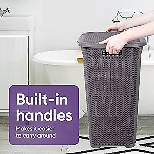 Designed Laundry Hamper with Lid, 2 Pack Plastic Laundry Hamper Basket, Purple Cloths Hamper Organizer with Cut-out Handles. Space Saving for Laundry Room Bedroom Bathroom, Knit Design 50 Liter.