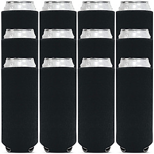 CSBD Blank Slim Beer Can Coolers Premium Quality Soft Drink Coolies Collapsible Insulators Bulk, 12 Packs, Great For Monograms, DIY Projects, Weddings, Parties, Events (12, Black)