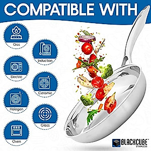 Black Cube Stainless Steel 8-inch Frying Pan, 3 Ply Professional Grade Steel Skillet, Sliver, Dishwasher Safe