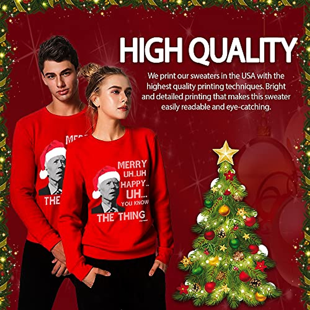 Pesky Patriot Funny Joe Biden Merry UH UH Ugly Christmas Sweater | Hilarious Mumbling Biden Tacky Xmas Pullover Sweatshirt for Men or Women (XX_Large) Red