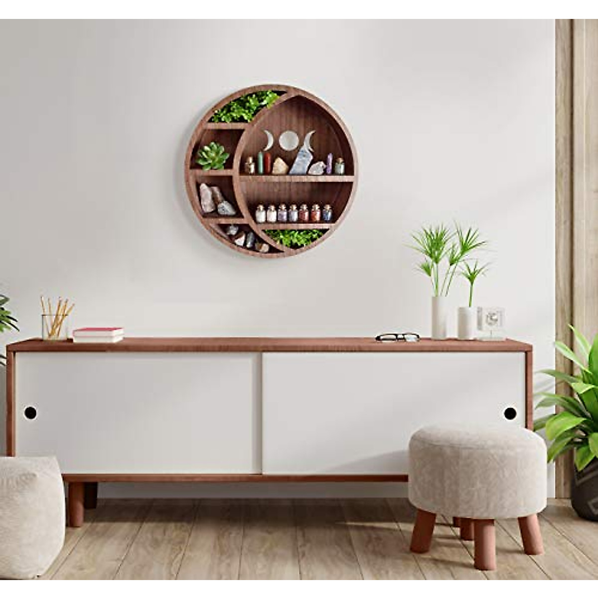 MAROQUE Crescent Moon Shelf for Crystals - Crystal Wall Decor, Crystal Shelf Display, Moon Shelves, Boho Shelves Essential Oil Shelf, Wooden Moon Shelf, Crystal Display Shelf, Moon Decor, Wiccan Decor