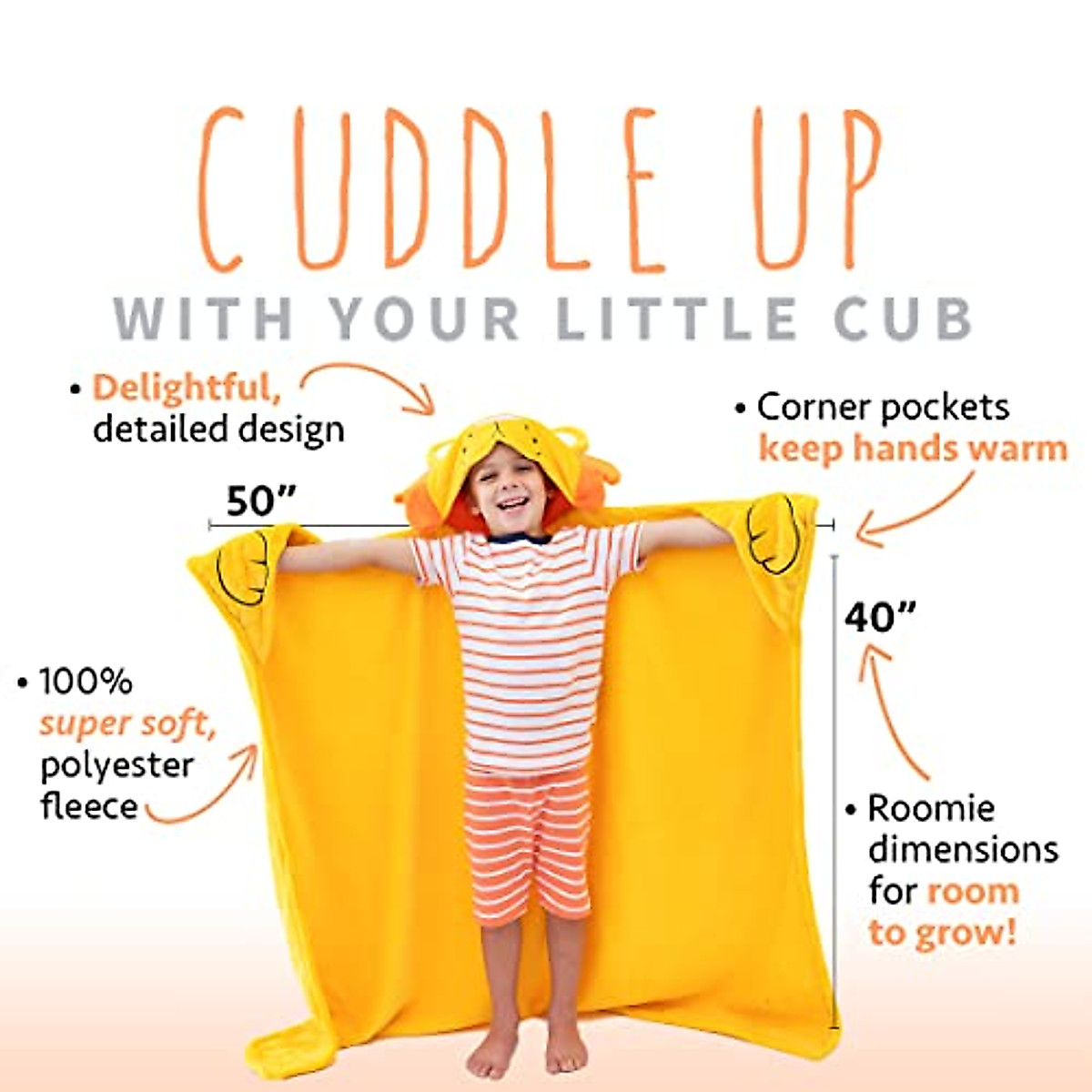 Canoogles Lion Wearable Hooded Blanket for Kids, Blanket Hoodie, Soft, Cozy Hooded Fleece Blanket, Machine Washable, 40" H x 50" W, One Size