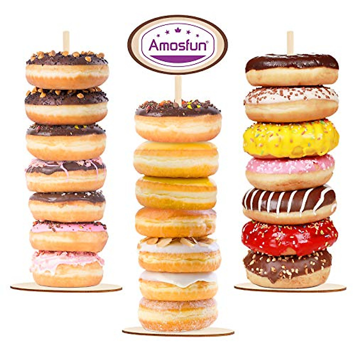 Amosfun 3PCS Wood Donut Stand Bar Wooden Donut Bagels Display Stand Holder for Wedding Birthday Treat Parties