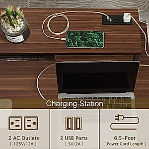 SUPERJARE Computer Desk with Power Outlet, 55 inch Home Office Desks, Industrial Desk with Monitor Shelf, Writing Desk with Wooden Desktop and Metal Frame - Brown