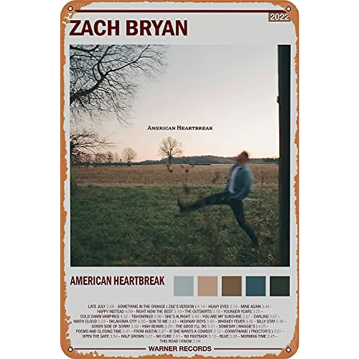 Charcasus Zach Bryan American Heartbreak Metal Tin Sign Album Metal Poster Home Bar Pub Decor Wall Art Print 12 X 8 Inch
