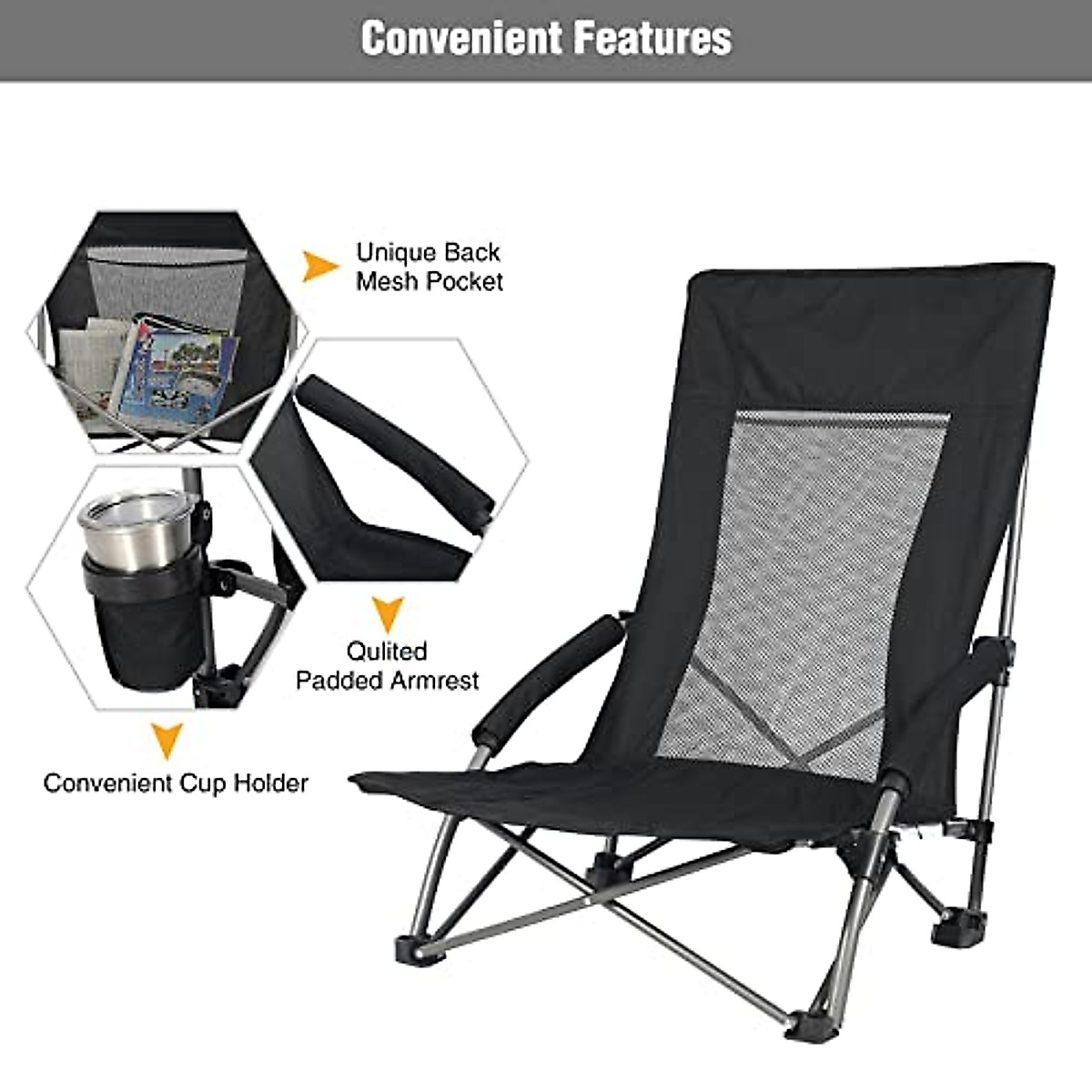 REDCAMP High Back Beach Chairs for Adults, Oversided Folding Low Beach Chairs for Concerts, Lightweight Portable for Camping Backpacking Outdoor Sports Events, Black