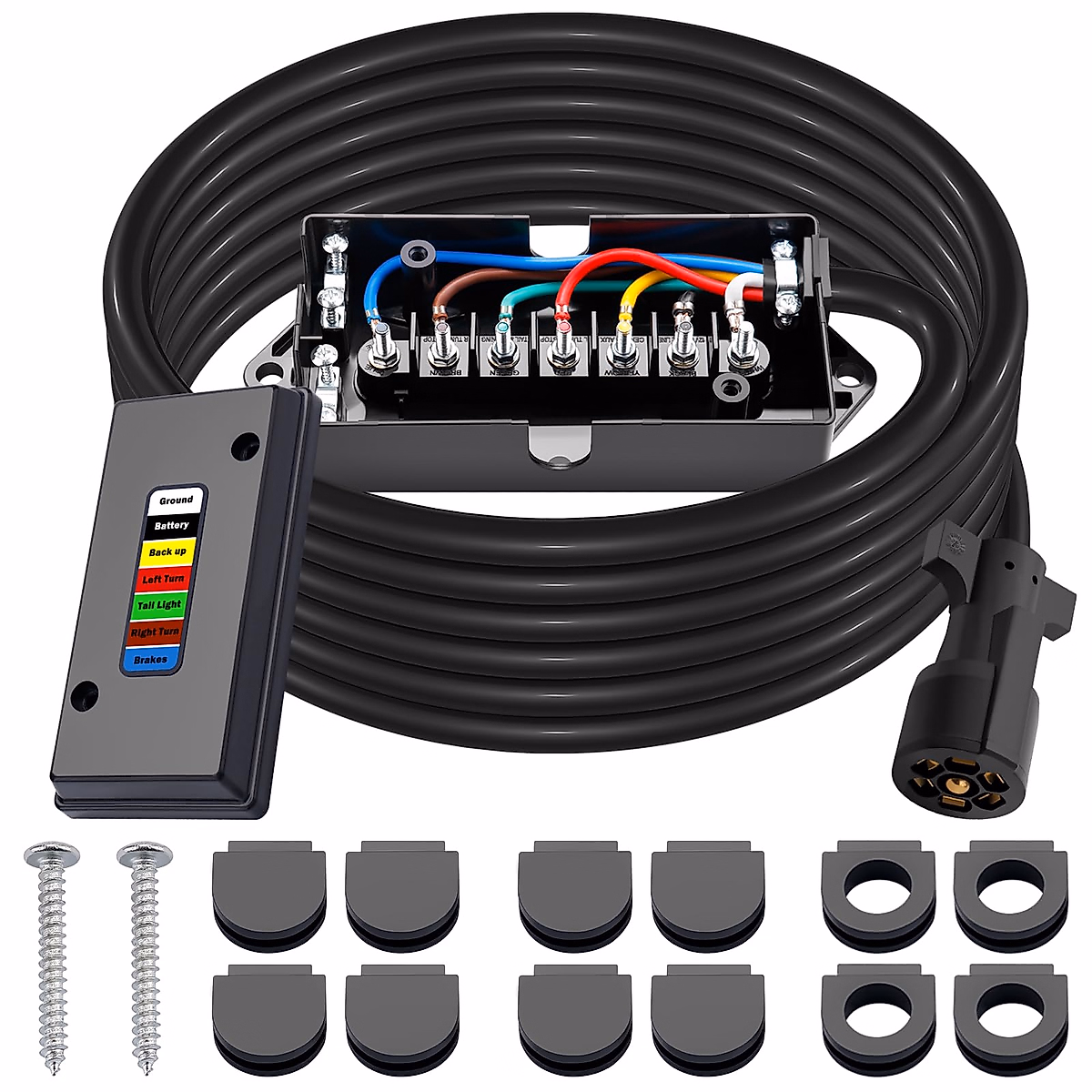 CheeMuii 15 FT Trailer Wiring Harness Kit Heavy Duty 7 Way Trailer Cord with 7 Pin Trailer Plug and Junction Box Kit Premium Light and Brake Wiring Wires for Trailer RV