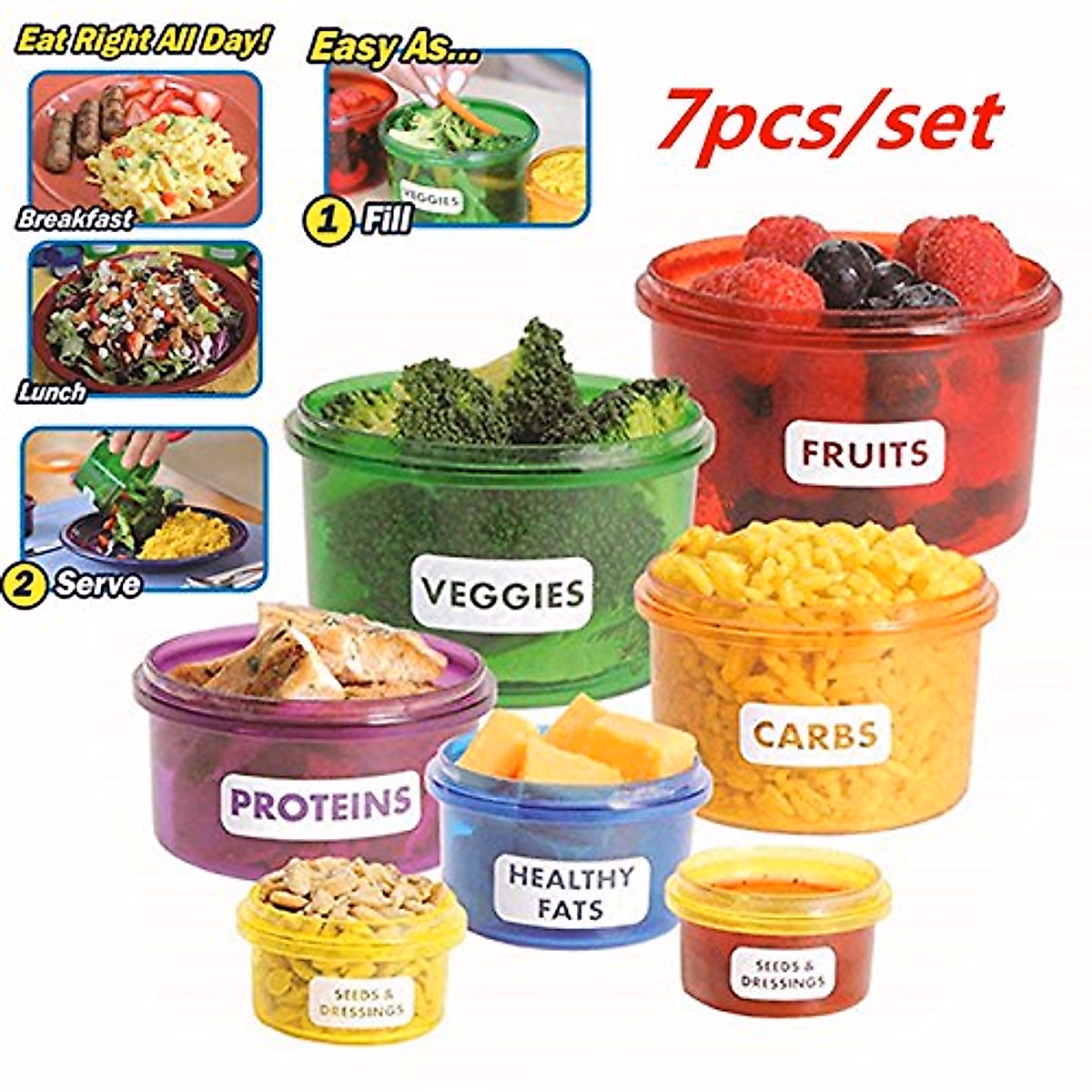 Food Storage Container Perfect Portions Healthy Living Storage Case Plastic Boxes Color Coded, 7Pcs/set