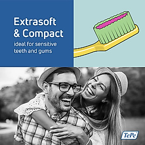 TEPE Colour Compact Extrasoft-Bristle Toothbrush, Colorful Toothbrush with Tapered Head and Angled Neck, 4 Pack