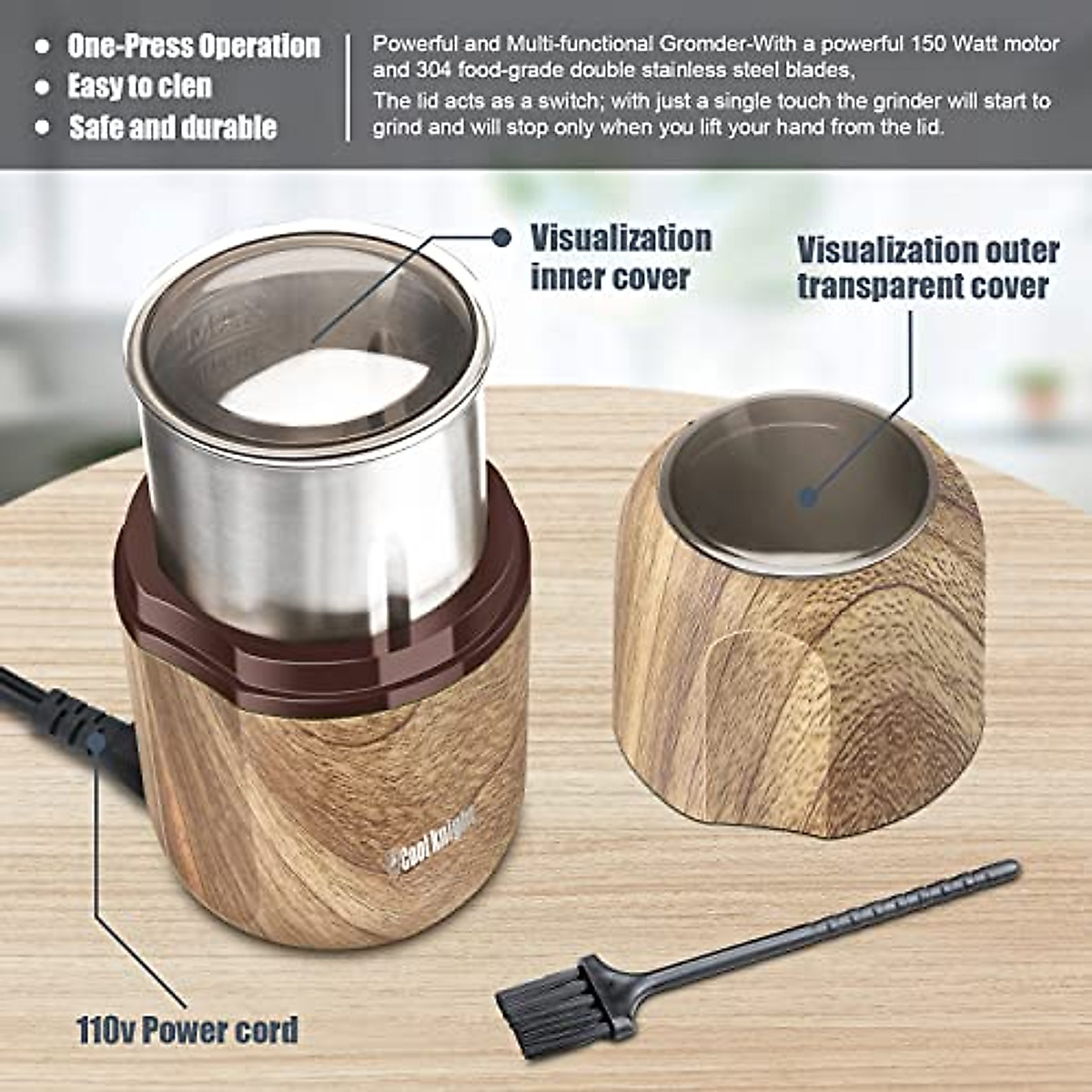 COOL KNIGHT Herb Grinder [large capacity/fast/Electric ]-Spice Herb Coffee Grinder with Pollen Catcher/- 7.5" (Wood grain)