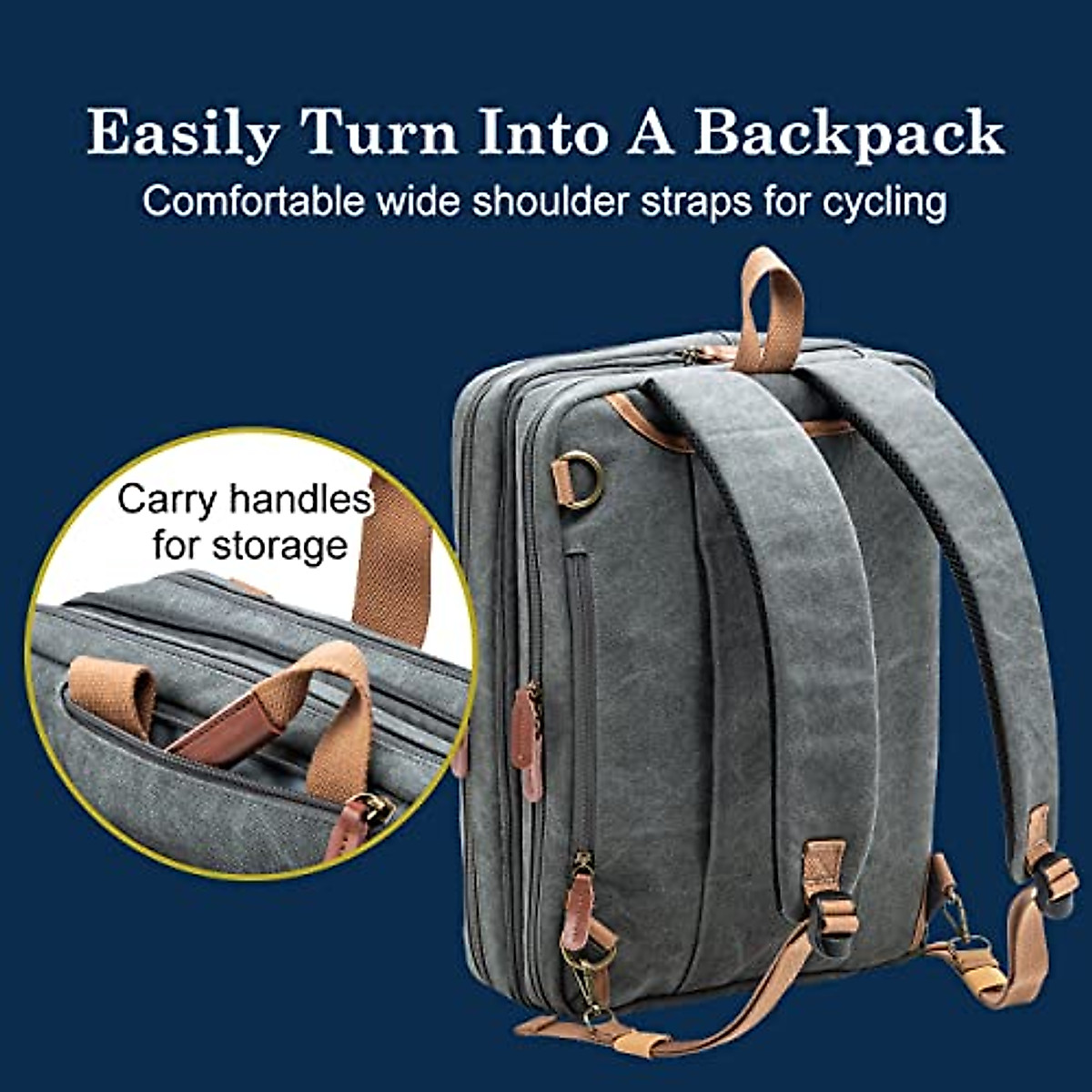 SANWA 17.3 inch Vintage Canvas Backpack, Convertible Laptop Computer Bag, Messenger Bag, Convertible Shoulder Bag Handbag, Compatible with MacBook Notebook, for Men, Women, Travel, College, Gray