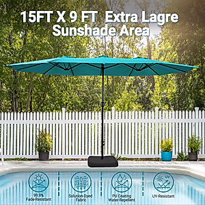 Bigroof 15ft x 9ft Patio Double-Sided Umbrella with Base & Crank, Extra Large Rectangular Outdoor Umbrella for Patio, Lawn & Garden, Beige (Turquoise)