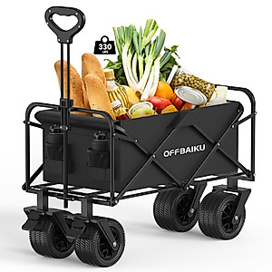 OFFBAIKU Collapsible Folding Wagon with 330lbs Weight Capacity Wagon Cart Heavy Duty Foldable with Big All-Terrain Wheels Beach Wagon Utility for Beach,Sand,Camping,Black