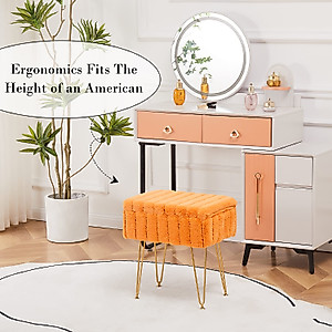 Wimarsbon Faux Mink Fur Storage Ottoman, Modern Soft Footstool, Storage Bench with Metal Legs, Vanity Seat, Fur Stool, Ottoman Coffee Table, Makeup Chair, Vanity Stools for Bedroom (Orange)