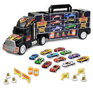 Toy Truck Transport Car Carrier Toy for Boys and Girls Age 3-10 yrs Old - Hauler Truck Includes 12 Toy Cars and Accessories - Car Truck Fits 28 Car Slots - Ideal Gift for Kids