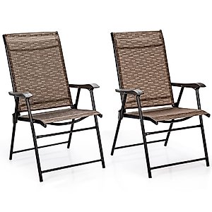 Tangkula Set of 2 Outdoor Patio Chair Space Saving Stackable Portable Steel Frame Lawn Poolside Backyard Folding Chairs with Armrest & Footrest Commercial Party Home Use Modern Sling Chairs