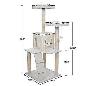 4-Tier Cat Tower - Tree with Napping Perches, Cat Condo, Ladder, 5 Sisal Rope Scratching Posts, and Hanging Toy for Indoor Cats by PETMAKER (White)