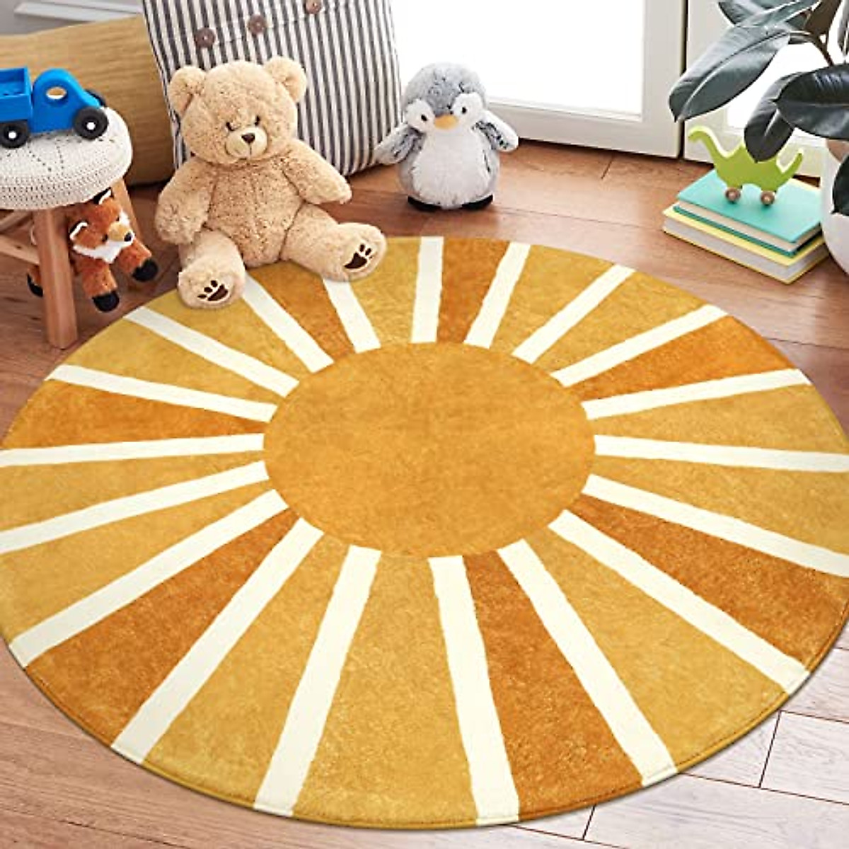 Lahome Boho Round Rugs - 4Ft Washable Non-Slip Small Round Area Rug Throw Soft Sofa Kids Nursery Room Rug Rainbow Sun Print Distressed Round Carpet for Bedroom Entryway Living Room Dining Room