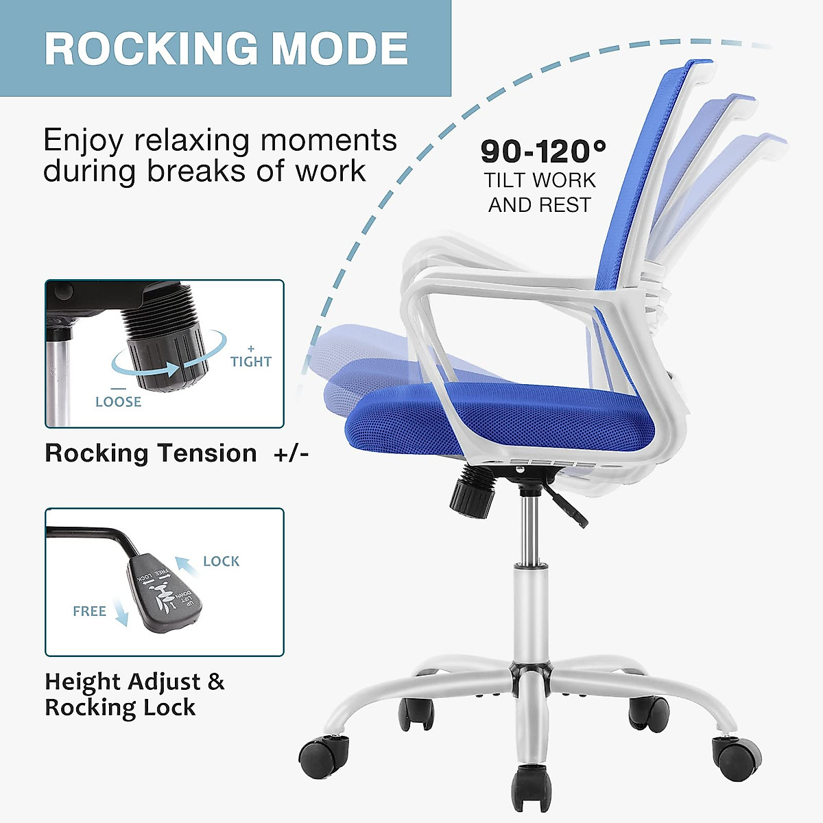 AFO Home Office Desk Chair with Ergonomic Lumbar Supportive Armrest, Mid Back, Tilting Function, Breathable Mesh and High Resilience Sponge Swivel Rolling, Adjustable Height, Navy Blue