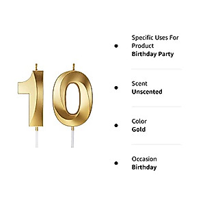 10th Birthday Candles Number 10 Candles Numerals for Cakes Happy Tenth Birthday 3D Designed 10th Wedding Anniversary Party Cake Topper Decorations (10, Gold)