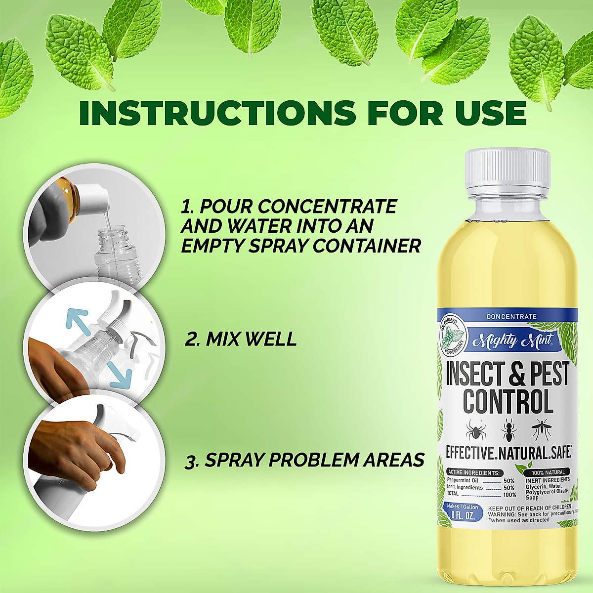 Mighty Mint Insect & Pest Control Peppermint Concentrate 8 oz - Makes 1 Gallon - Plant-Based Formula Kills and Prevents Spiders, Ants, Flying Insects, and More